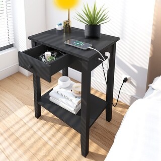 Nightstand with Charging Station, Solid Wood End Table with USB Ports ...