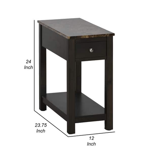 Zeva 24 Inch Narrow Side End Table, Faux Marble Top, 1 Drawer, Brown ...