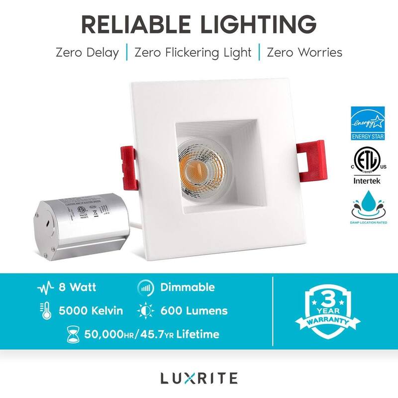 Luxrite 2 Inch Square LED Recessed Light with J-Box, 8W, 600 Lumens ...
