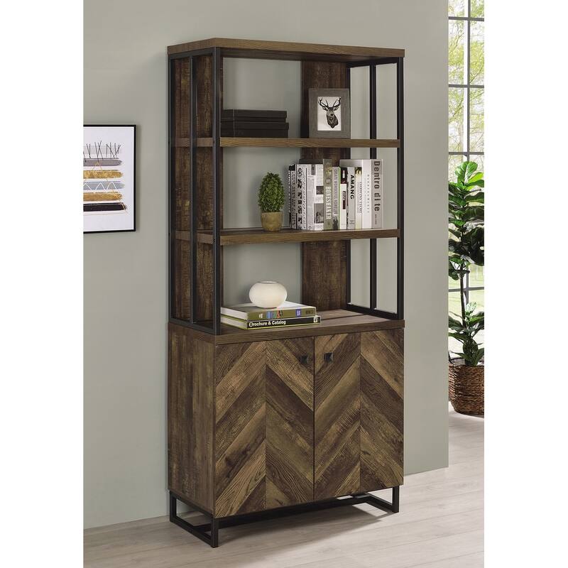 2-Door 3-shelf Bookcase in Rustic Oak Herringbone and Gunmetal ...