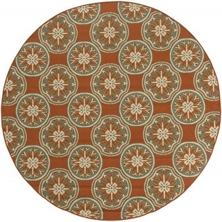 8' Round Rust Round Floral Stain Resistant Indoor Outdoor Area Rug - 6 ...