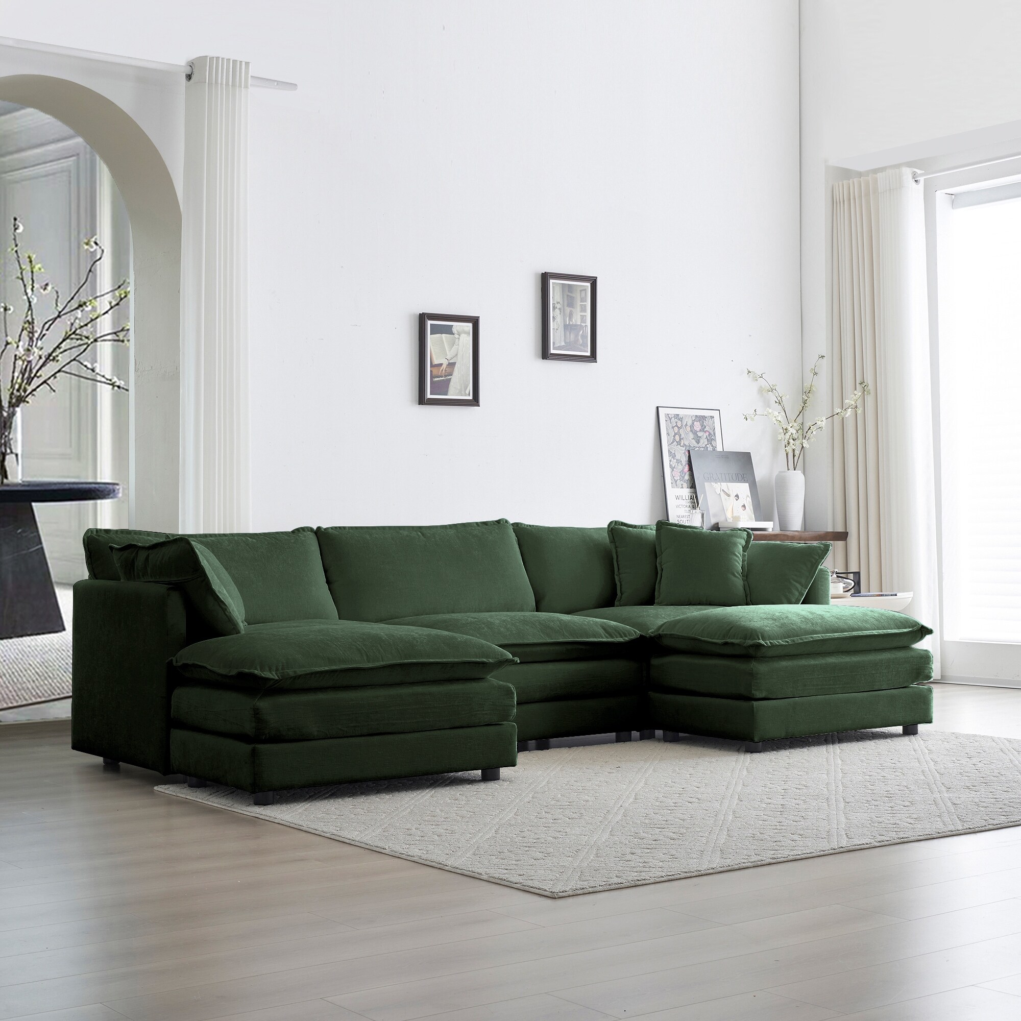 Modern Green U Shaped Sectional Sofa w Reversible Footrest 2 Ottomans