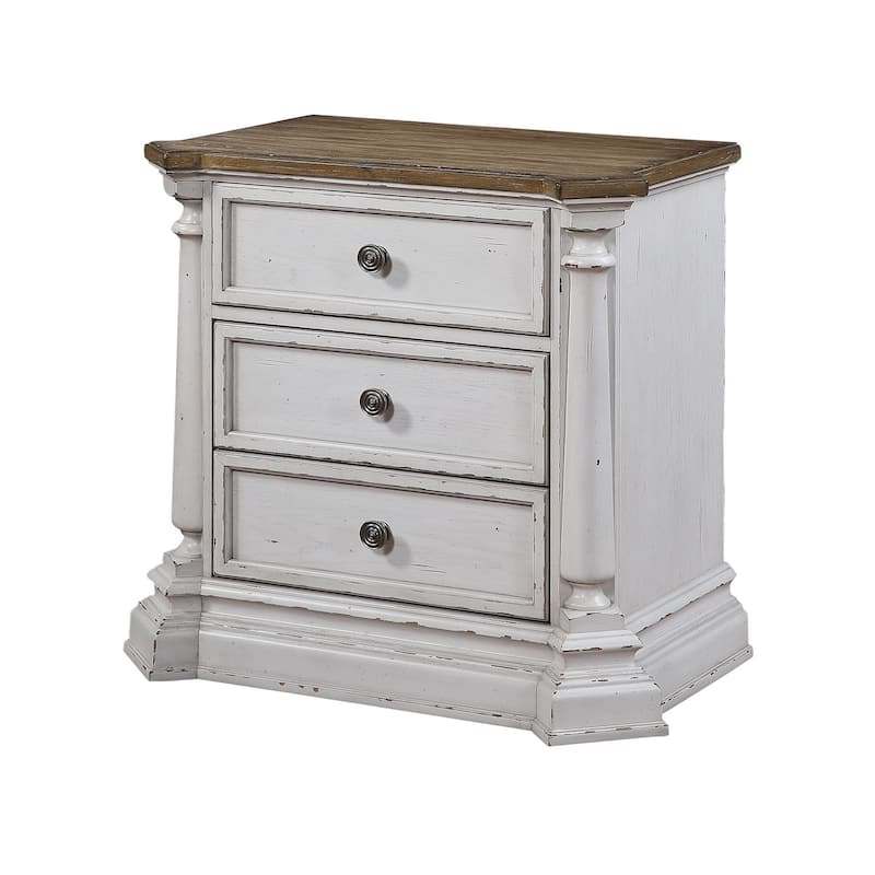 Nightstand with 3 Drawer and Molded Plinth Base, White and Brown ...