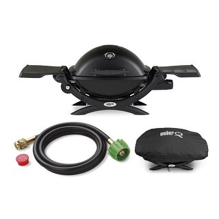 Weber Q1200 Liquid Propane Grill (Black) w/ Adapter Hose & Grill Cover ...