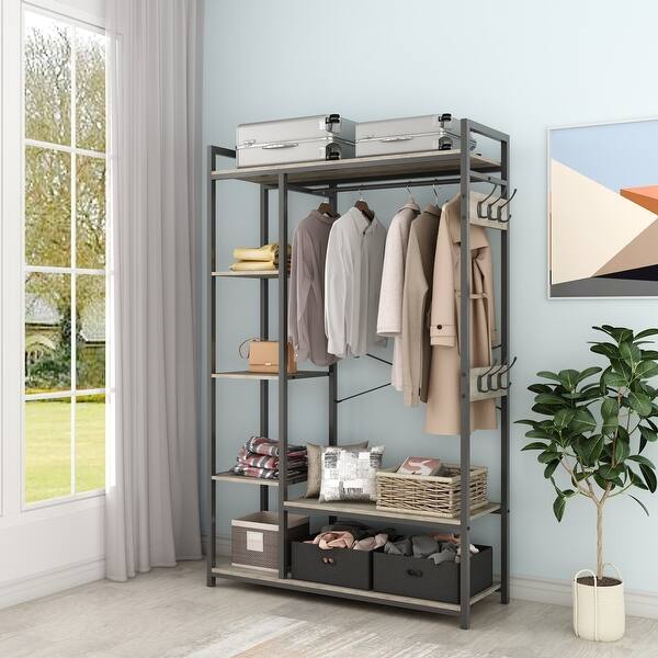 Free-Standing Garment Rack with Open Storage Shelves and Hanging Rod ...