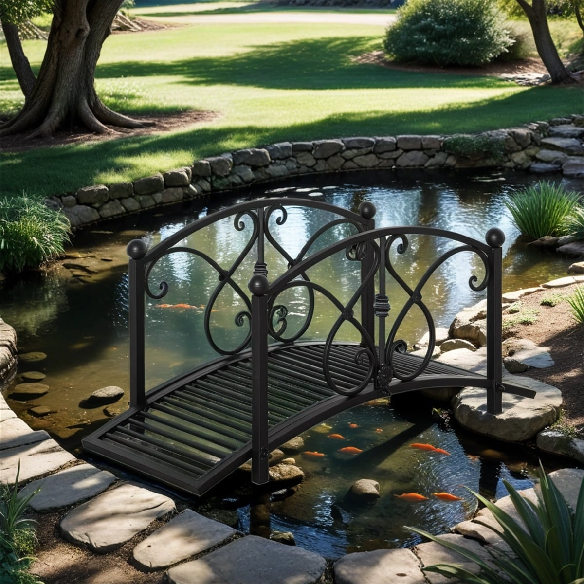 7' Metal Arch Garden Bridge with Safety Siderails, Decorative Arc ...