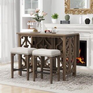 3-Piece Retro Dining Set Solid Wood Counter Height Pub Set Foldable ...