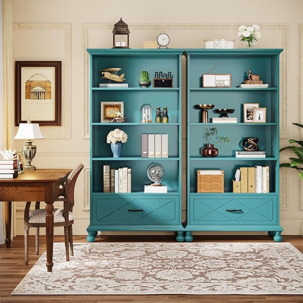 6 Shelf Bookcase with Drawer 71 Bookshelf with Solid Wood Legs Ocean Blue