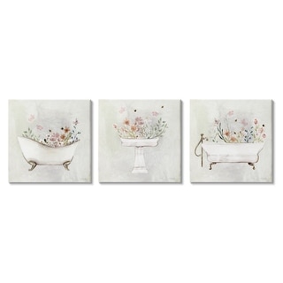 Stupell Soft Floral Bathroom Scenes 3 Piece Canvas Wall Art Set Design ...