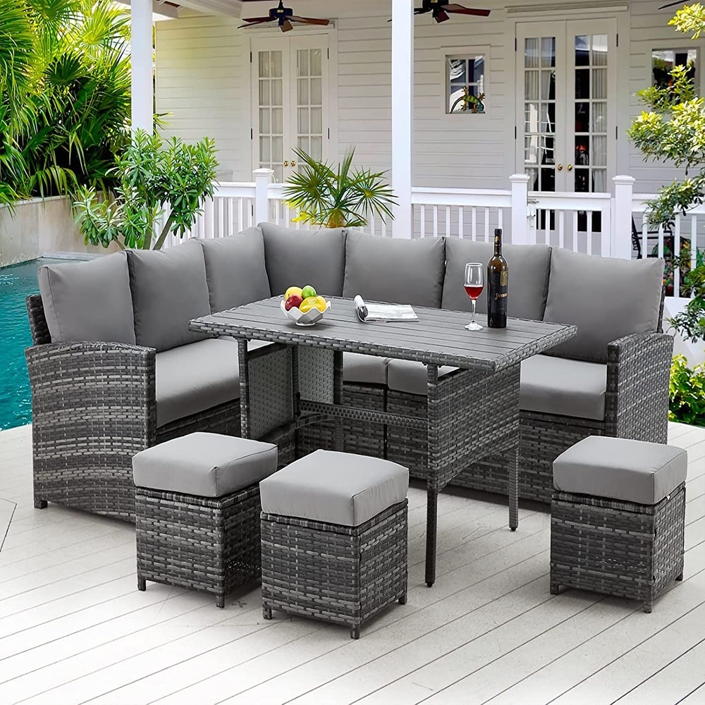 Grey rattan chairs and table store