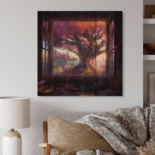 Designart "Window View Of Vibrant Tree I" Tree Floral Print on Natural ...