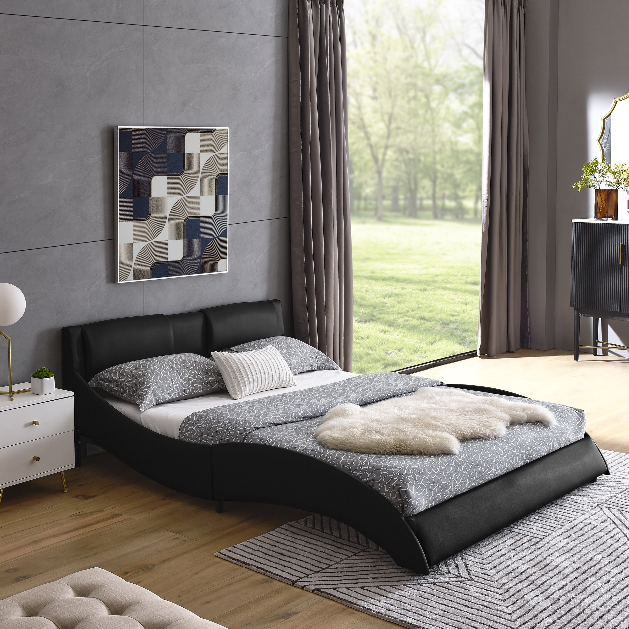 Black Queen Faux Leather Platform Bed with Soft Upholstered Headboard