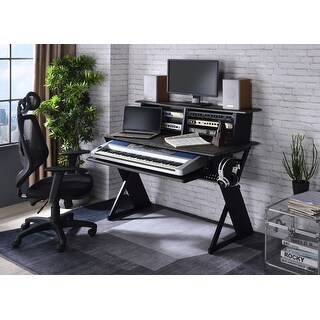Black Music Desk, Music Workstation with Pullout Keyboard Tray ...