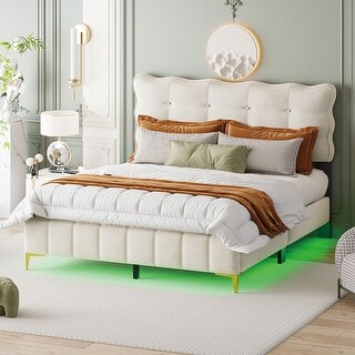 Queen Size Velvet Platform Bed with LED Frame and Stylish Mental Bed ...