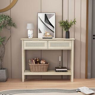 Boho Console Table with 2 Rattan Drawers & Bottom Storage Shelf - Bed ...