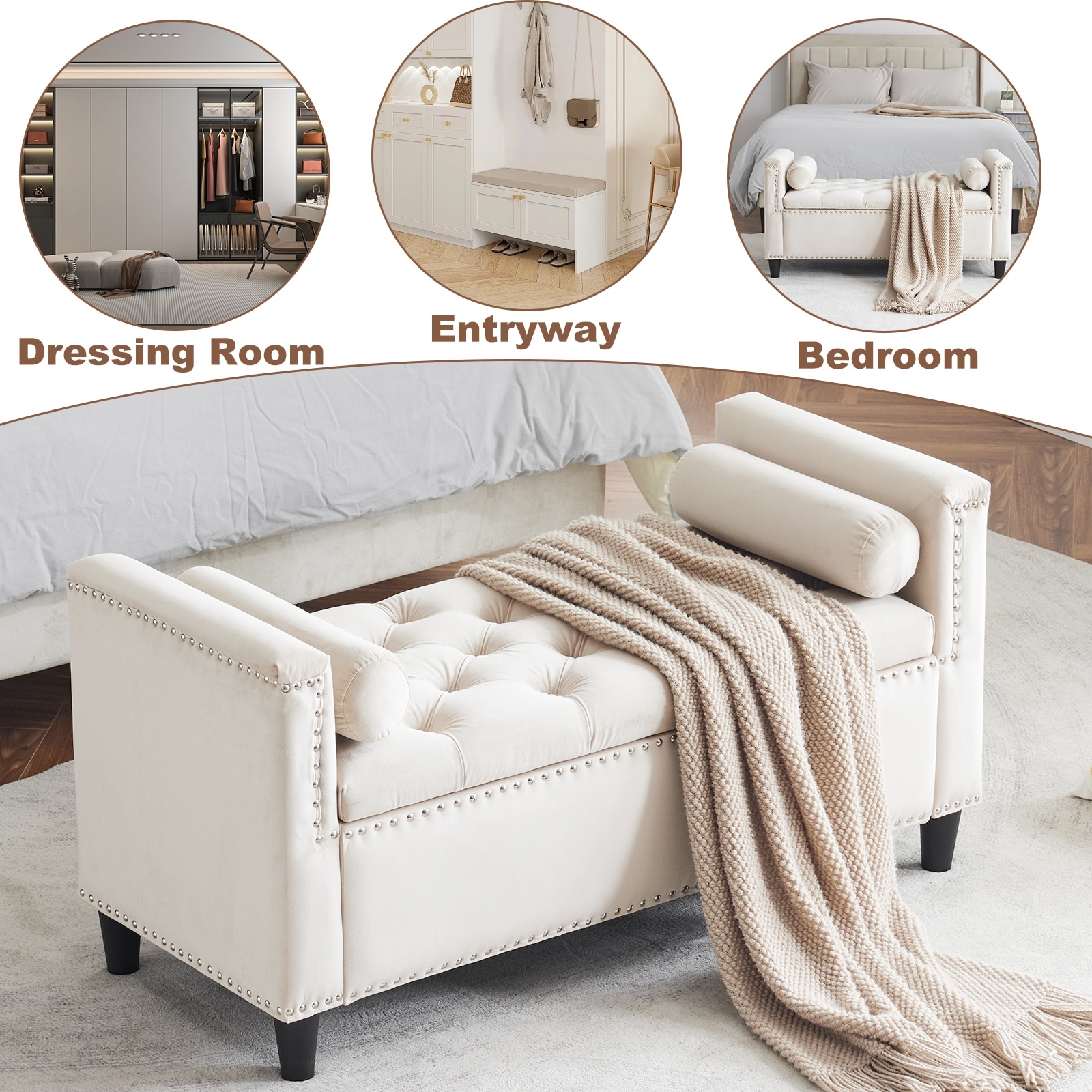 Cream Velvet Upholstered Storage Ottoman Storage Bench with Nailhead