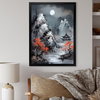 Designart "Red Moonset Raven Cry Japon Iii" Japon Landscape Framed ...