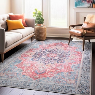 Traditional Distressed Vintage Machine Washbale Multi Area Rug - Bed ...