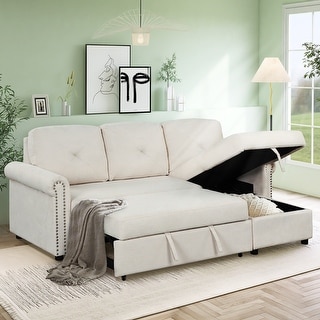 83.1" Velvet Upholstered L-Shaped Sleeper Sofa with Pull-Out Bed ...