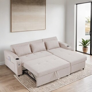 84" L-Shaped Adjustable Backrest Sofa Bed with USB Ports and Cup ...
