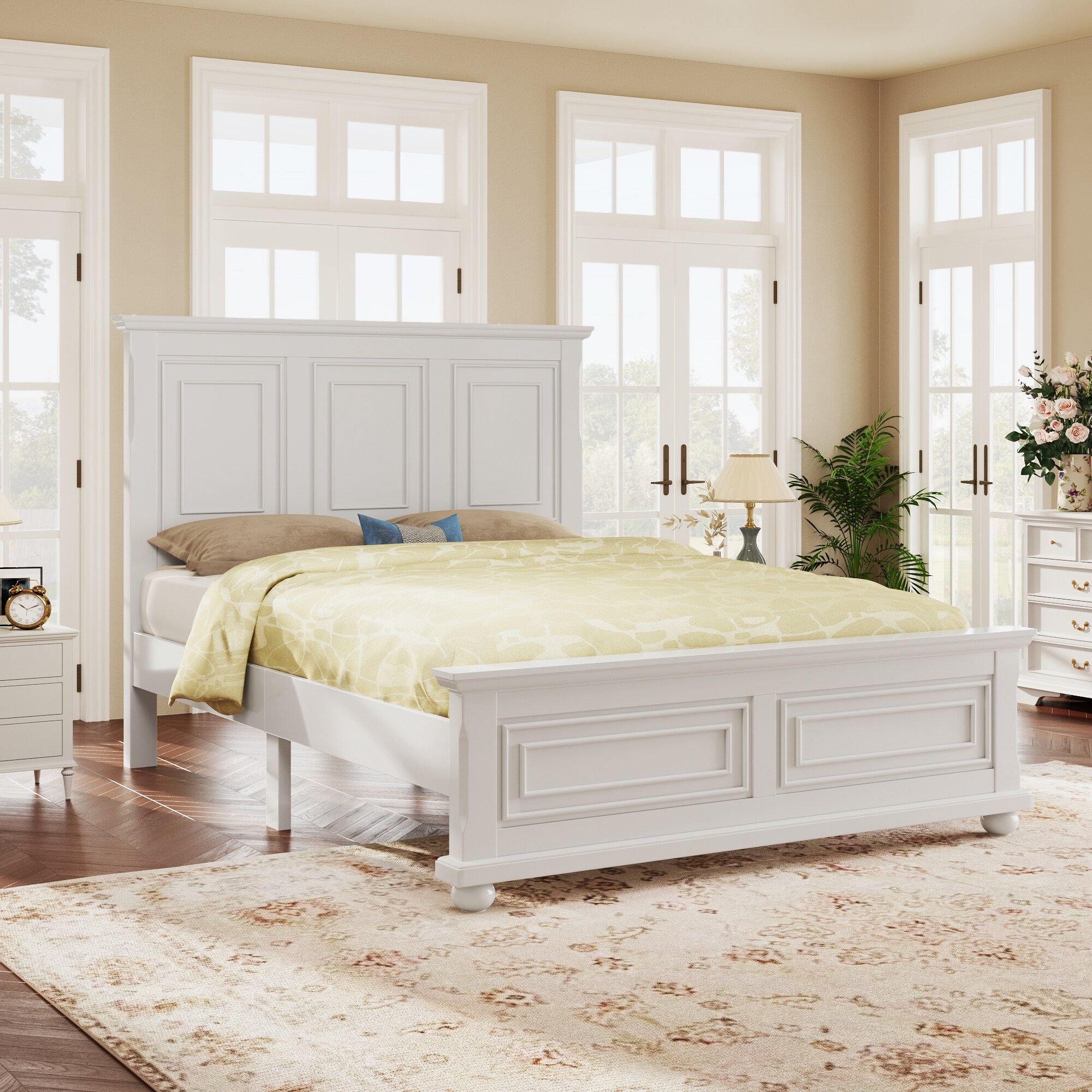 White Town Country Full Panel Bed Traditional Wood Bed Frame w Fretwork Accents Headboard Footboard No Box Spring Needed