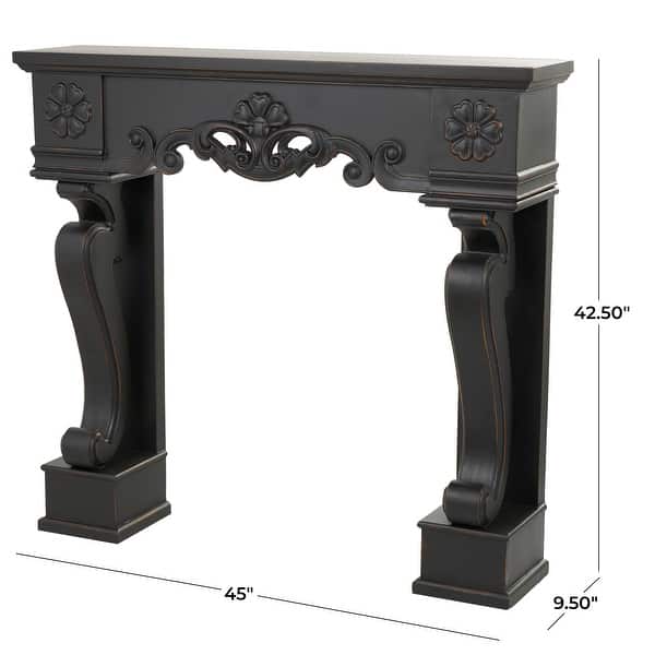 Black Wood Freestanding Scroll Decorative Fireplace Mantle with Floral ...