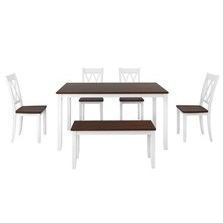6-Piece Wooden Kitchen Table set w/Cross Back 4 Chairs & Bench, White ...