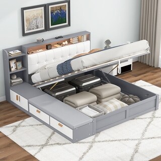 Queen Size Bed Frame with Storage Headboard and Shelves, Lift Up ...
