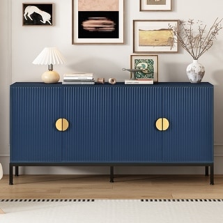 Exquisite Vertical-Striped 4-Door Navy Blue Sideboard Buffet with Metal ...