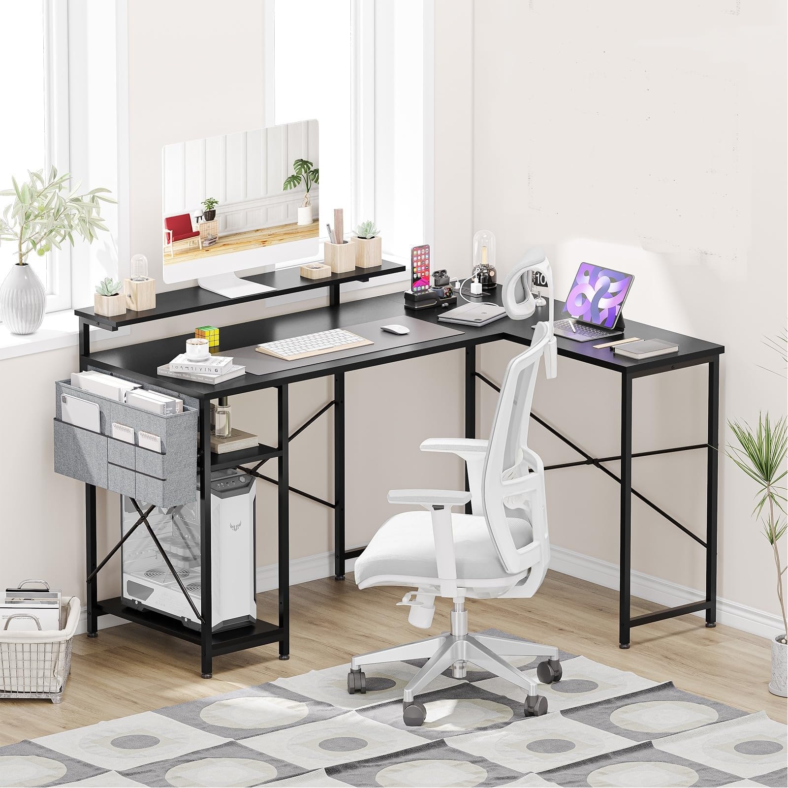 L Shaped Desk with Monitor Shelf, Reversible Corner Computer Desk for ...