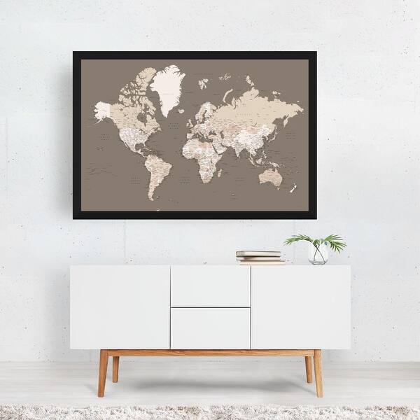Brown and cream detailed world map wtih cities Maps Art Print/Poster ...