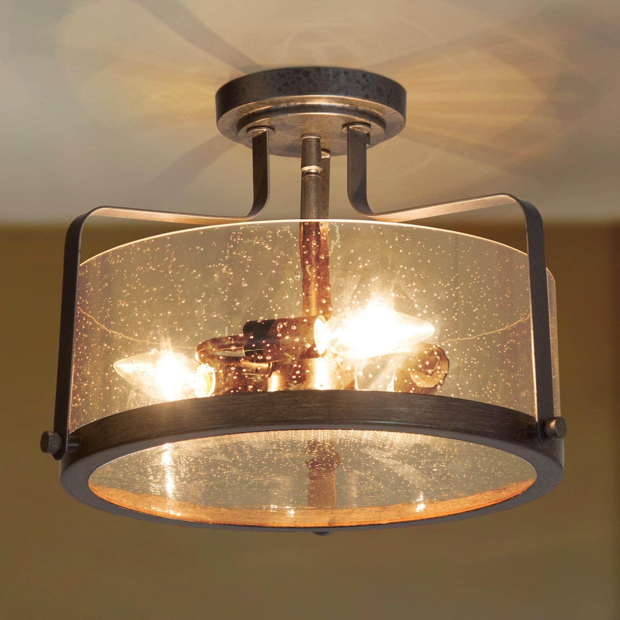 Modern 3-Light Drum Glass Flush Mount Kitchen Ceiling Light in Black ...