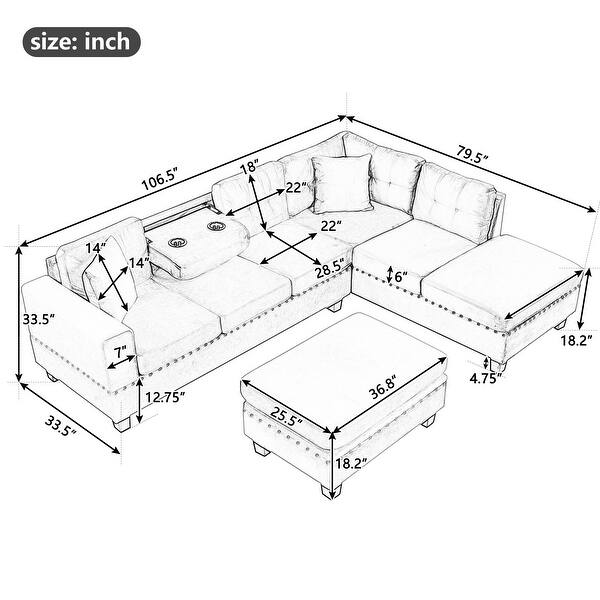 Rivet Design Sectional L-Shape Sofa with Reversible Chaise and Ottoman ...