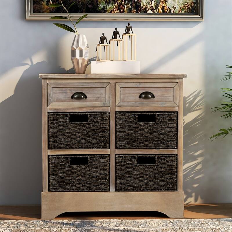Rustic Storage Cabinet with Two Drawers and Four Classic Rattan Basket ...