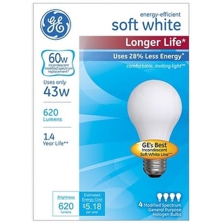 GE 70286 Long Life Medium Base A19 Halogen Bulb, Soft White, 43W, 4 ...