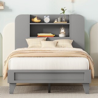 Space Saving Wood Platform Storage Bed with Storage Shelves Headboard ...