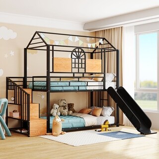 Kids' Twin Over Twin Metal Bunk Bed with Playhouse Design, Slide, and Storage Stairs for Fun and ...