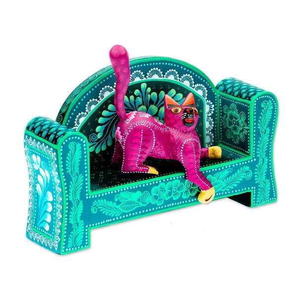 Novica Handmade Fuchsia Cat On A Bench Wood Alebrije Sculpture (2 ...