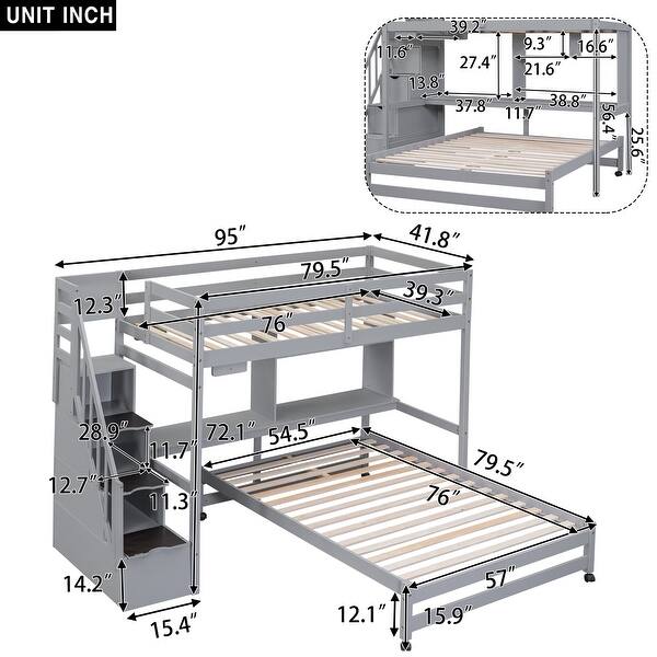 Twin Over Full Bunk Bed with Storage Stairs, Wood Detachable Bed Frame ...