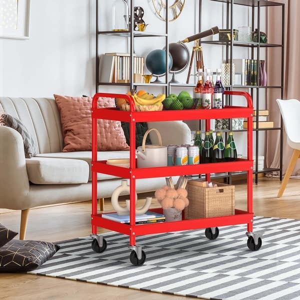 3-Tier Metal Utility Cart Storage Service Trolley Tool Storage Red ...