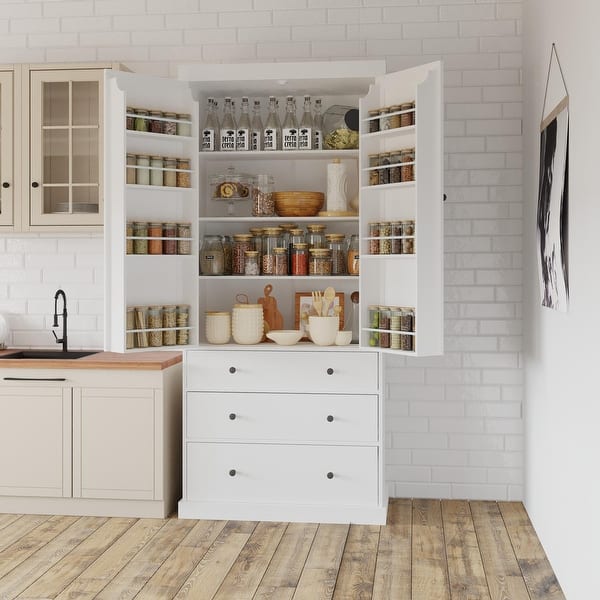 Freestanding Kitchen Pantry with 3 Drawers, Tall Kitchen Cupboard ...