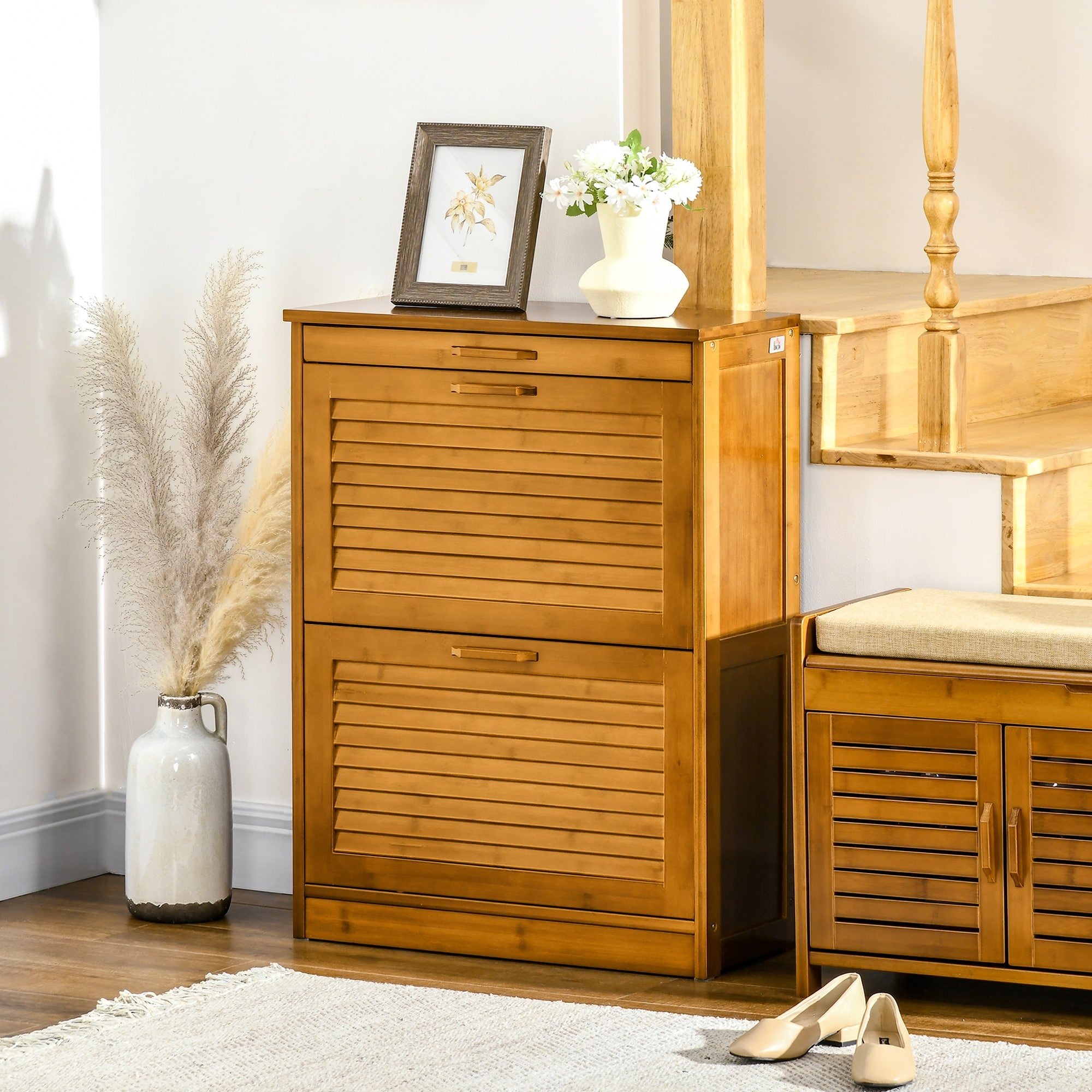 HOMCOM 3 Drawer Shoe Cabinet Bamboo Shoe Storage Cabinet with Flip Shutter Doors for 12 Pairs of Shoes Bedroom Bed Bath Beyond 36638714