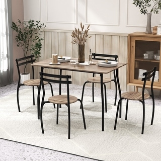 Costway 5PCS Dining Table Set 4 Chairs Wood & Metal Frame Space-saving ...