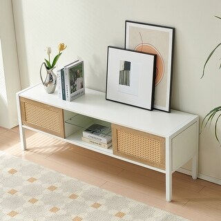 Rattan TV Cabinet TV console with Variable Color Light Strip, Double ...