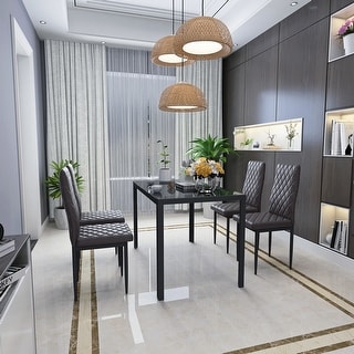 5 Pieces Black Tempered Glass Dining Table Set for 4 with Faux Leather Chairs, Complete Dining ...