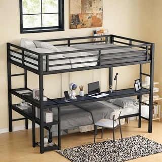 Full XL over Twin Bunk Bed with Desk and Shelves, Multiple Placement ...