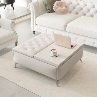Wide Square Coffee Table Storage Benches with Lift Top in Upholstered ...