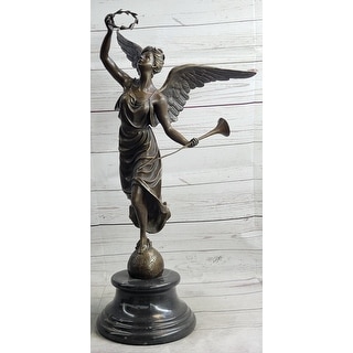 Bronze Sculpture Statue Figure Of Winged Female Angel Holding Wreath ...