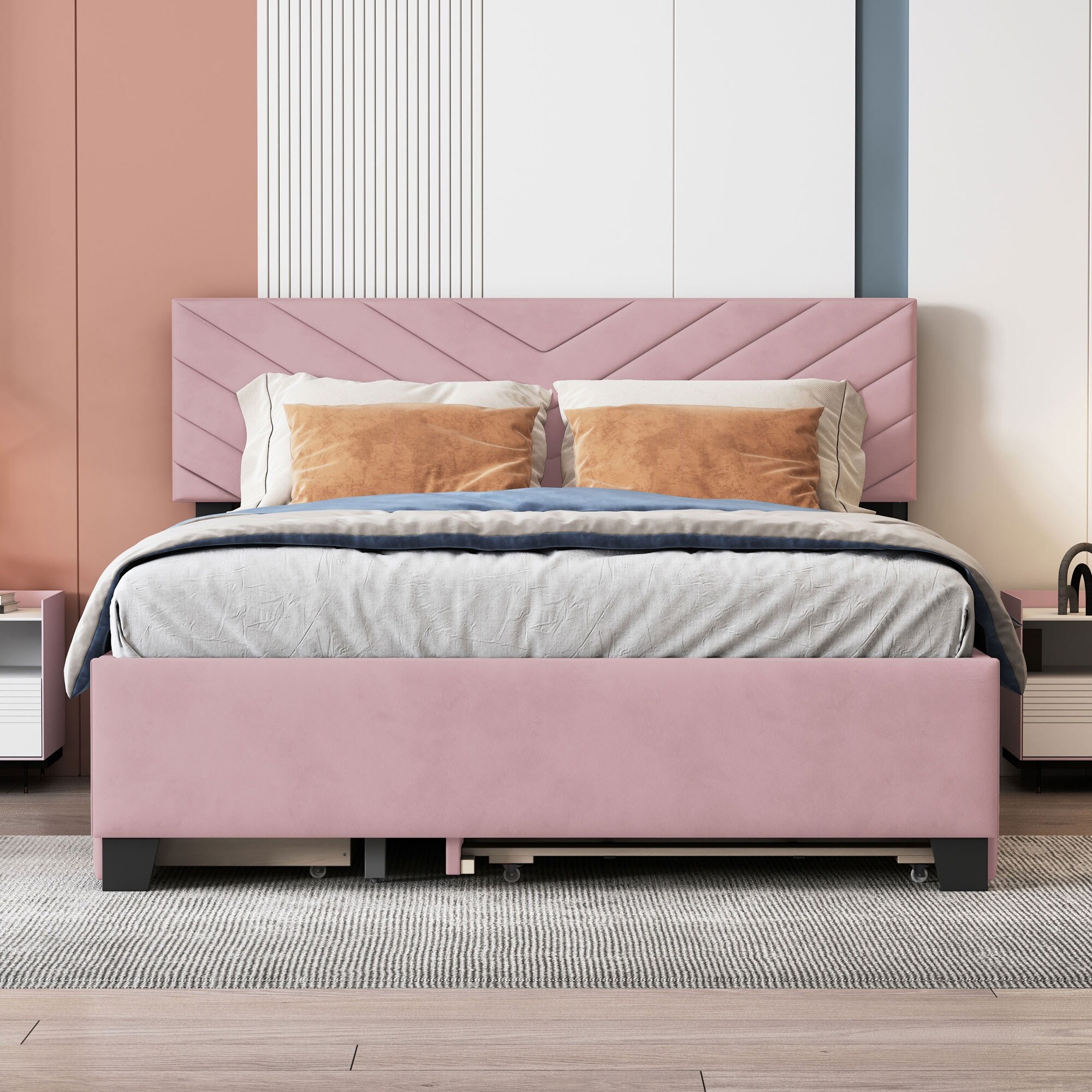 Pink Queen Upholstered Bed with Twill Headboard 2 Drawers