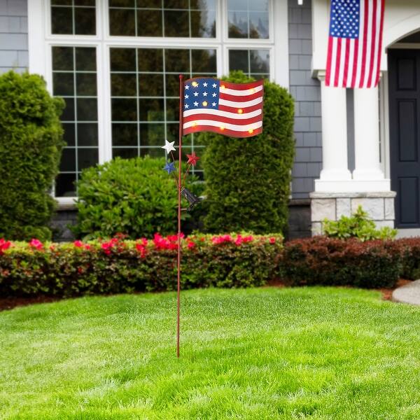 Glitzhome 42"H Metal American Flag Yard Stake with Solar Lights - Bed ...